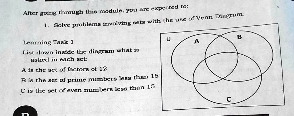 After going through this module, you are expected to: 1. Solve problems involving sets with the ...