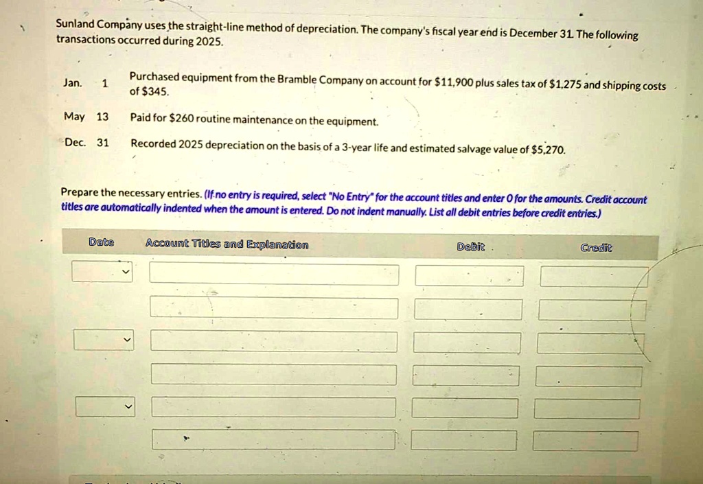 Sunland Company uses the straight-line method of depreciation. The company's fiscal year end is ...