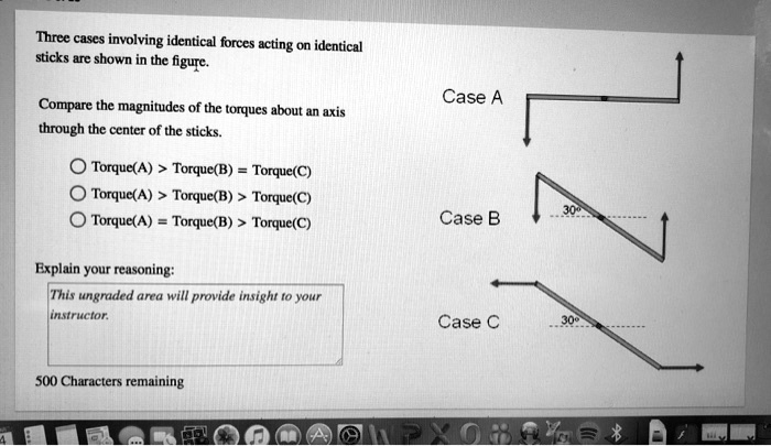 Three cases involving identical forces acting on identical sticks are ...