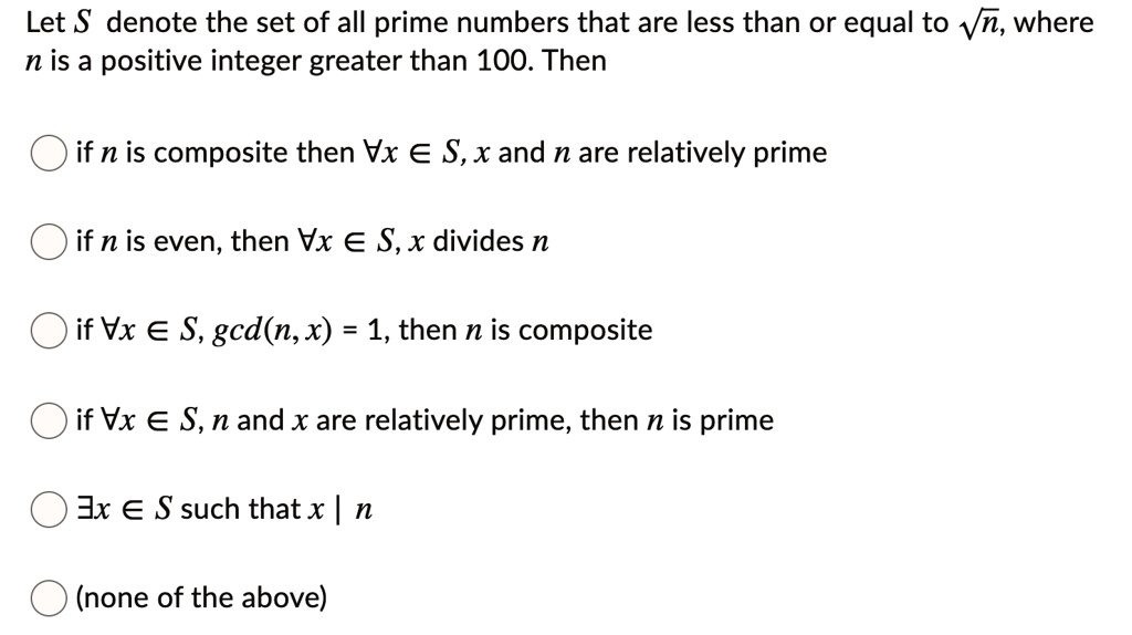 SOLVED:Let S denote the set of all prime numbers that are less than or ...