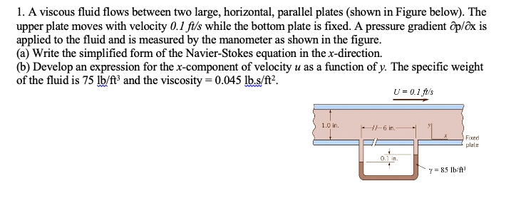 A viscous fluid flows between two large, horizontal, parallel plates ...
