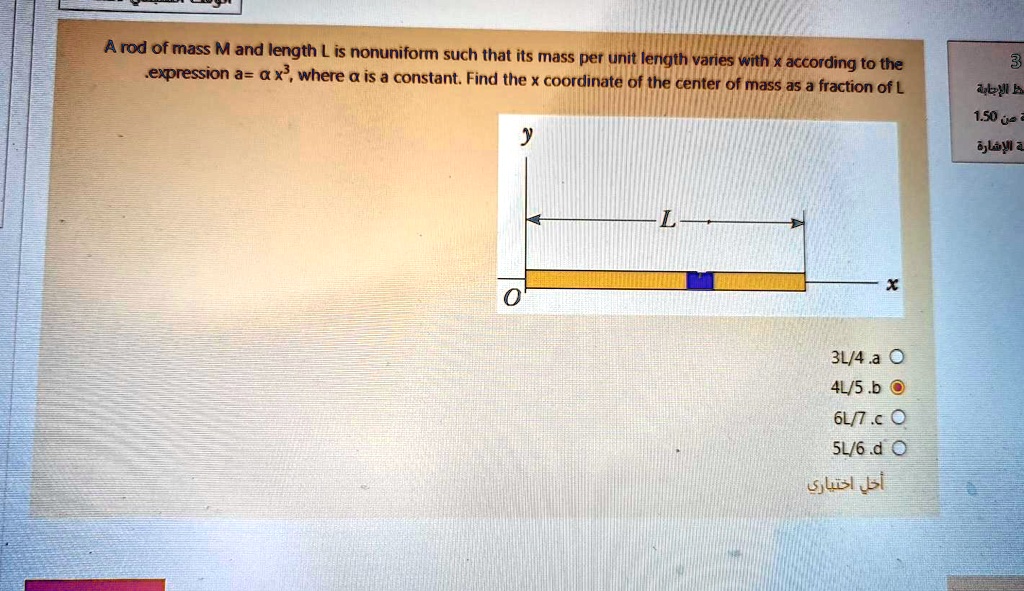 Arod of mass M and length L is nonuniform such that its mass per unit ...
