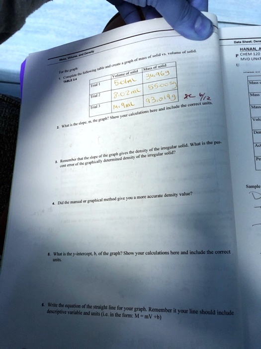 Mass, Volume, and Density 1. Complete the following table and create a ...