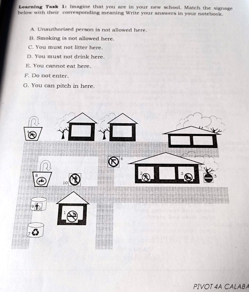 learning task 1 imagine that you are in your new school match the signage below with their ...