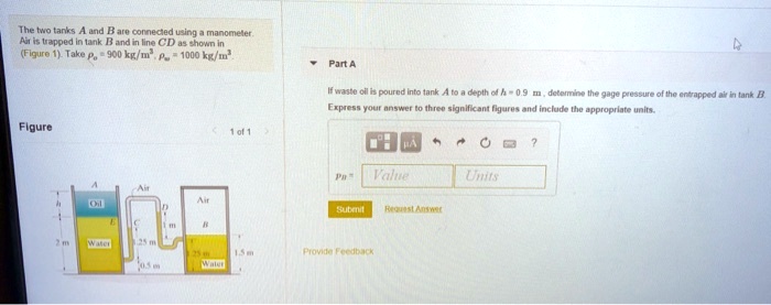 The two tanks A and B are connected using a manometer. Air is trapped in tank B and in line CD ...