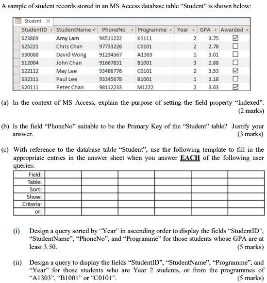 a sample of student records stored in an ms access database table ...