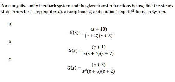 SOLVED: For negative unity feedback system and the given transfer functions below; find the ...