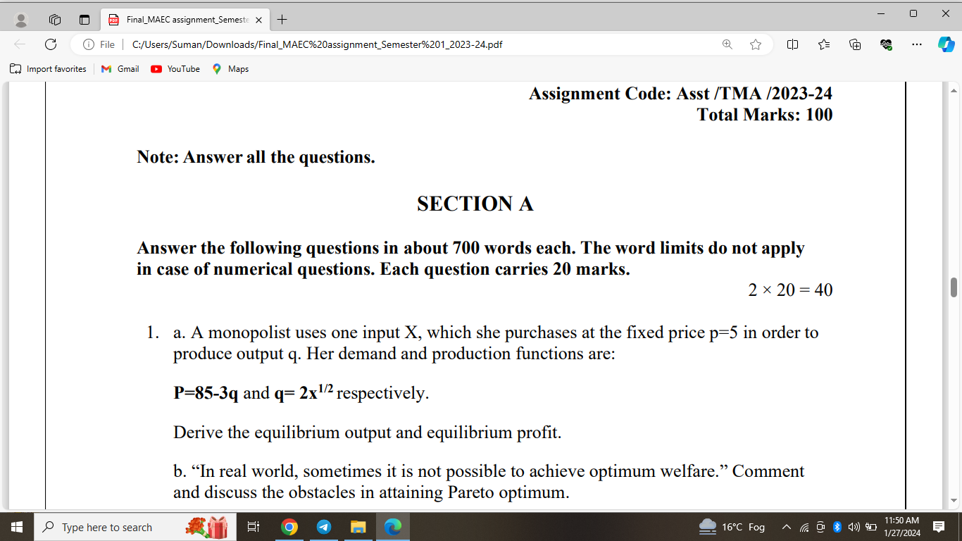 Assignment Code: Asst /TMA /2023-24 Total Marks: 100 Note: Answer all ...
