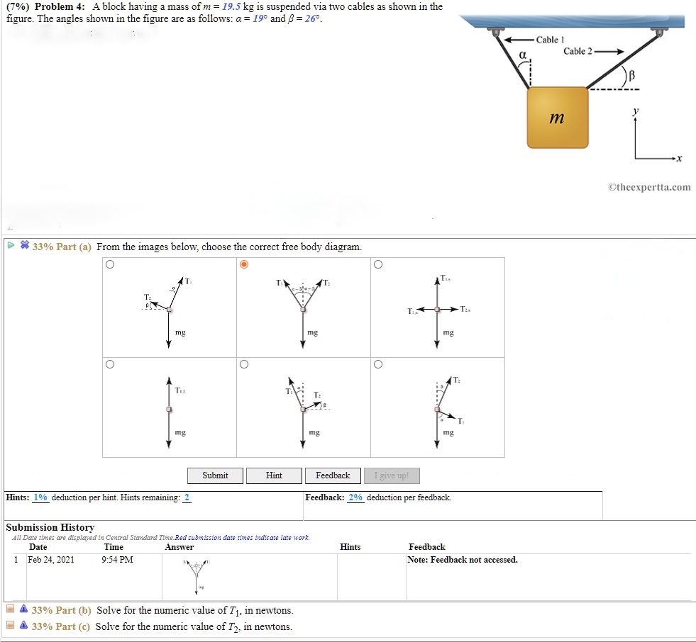 problem 4 a block having mas of m 195kg is suspended via two cables a5 shown in the figure the ...