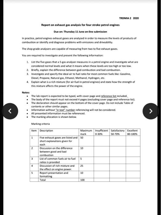 SOLVED: TRDMIA2 2020 Report on exhaust gas analysis for four stroke ...