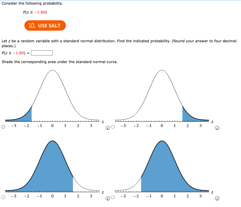 Consider the following probability. P(z ≥-1.60) ?? USE SALT Let z be a random variable with a ...