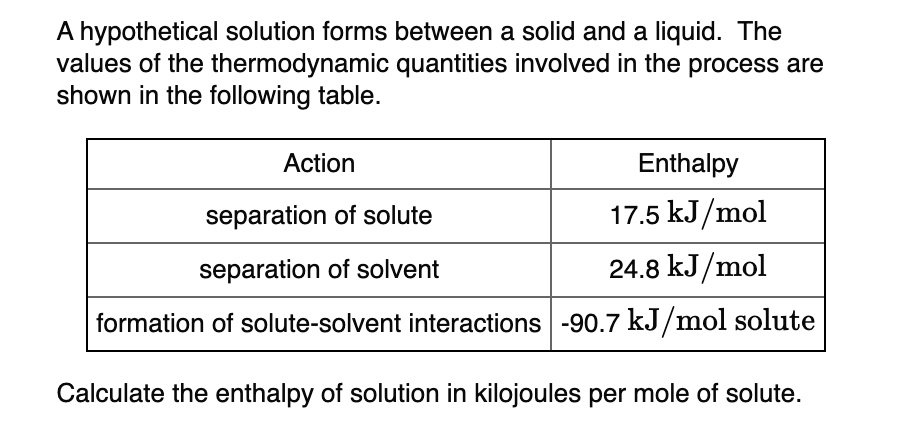SOLVED: hypothetical solution forms between a solid and a liquid. The values of the ...