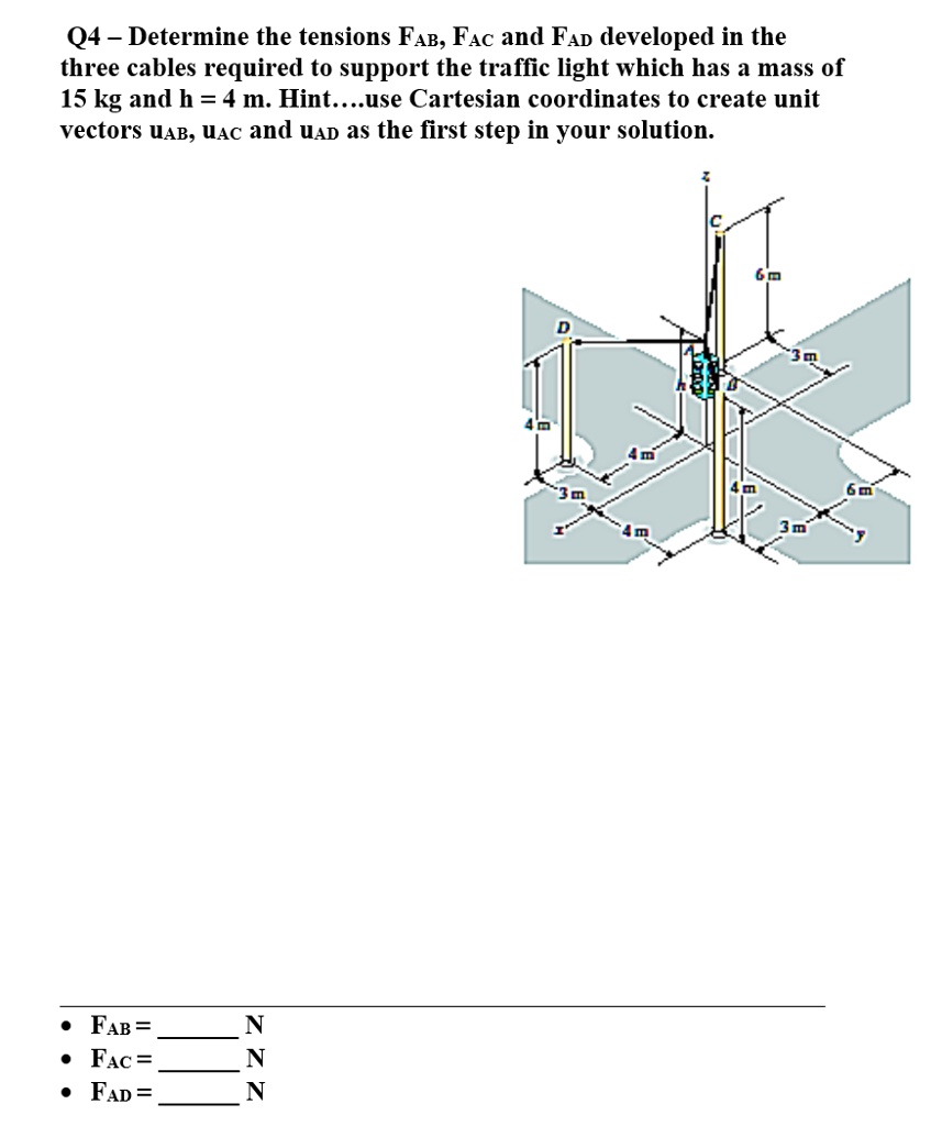 SOLVED: Q4: Determine the tensions FAB, FAc, and FAD developed in the ...