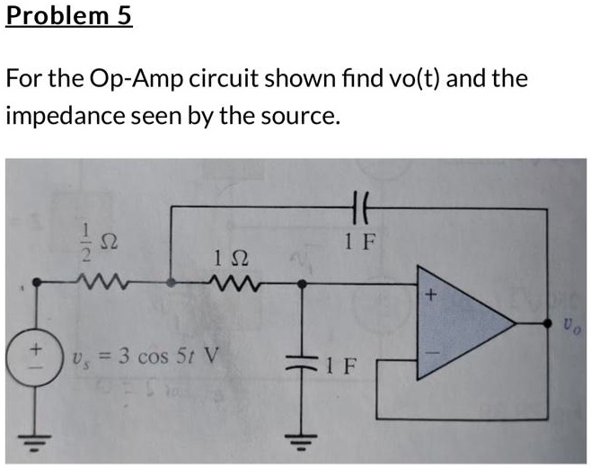SOLVED: Problem 5 For the Op-Amp circuit shown find vo(t)and the impedance seen by the source ...