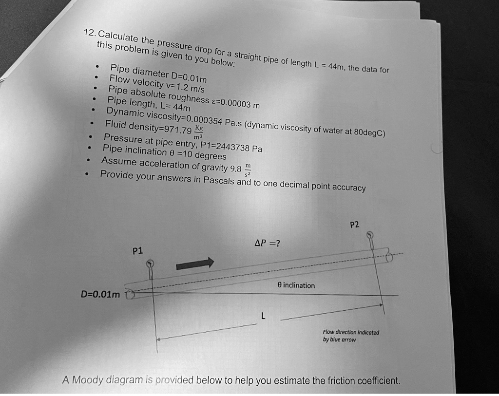 12. Calculate the pressure drop for a straight pipe of length L = 44m, the data for this problem ...