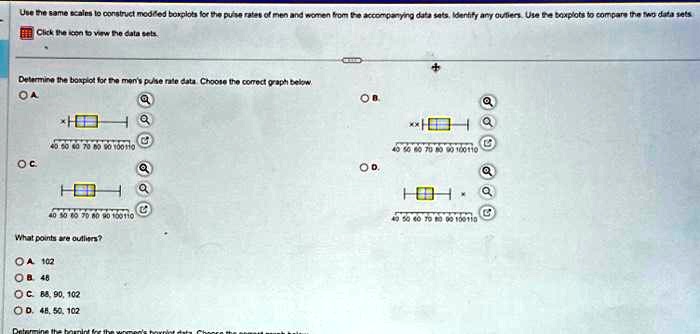 SOLVED: Texts: Use the same scales to construct modified boxplots for ...