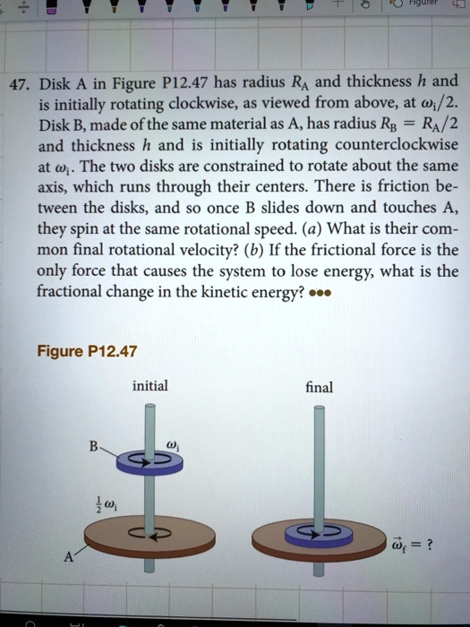 47 disk a in figure p1247 has radius ra and thickness h and is initially rotating clockwise as ...