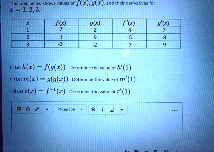 SOLVED: The table below shows values of f(r), g(x), and their derivatives for I = 1, 2, 3. (i ...