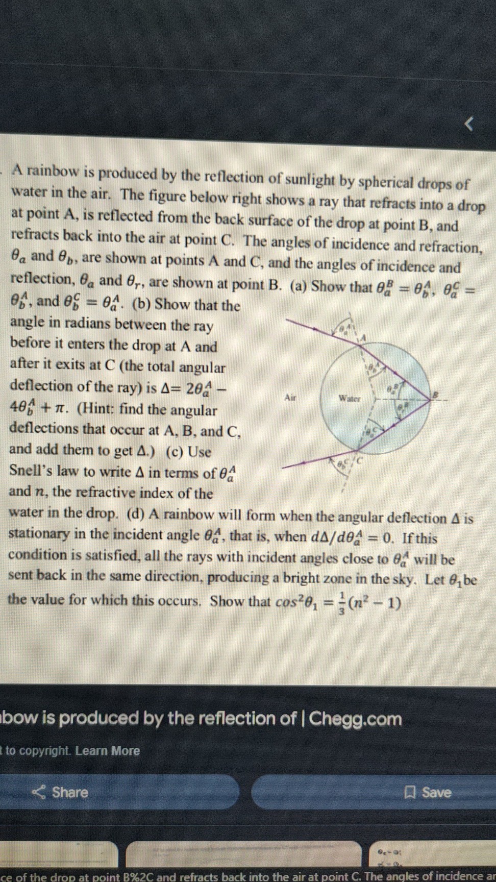A rainbow is produced by the reflection of sunlight by spherical drops of water in the air. The ...