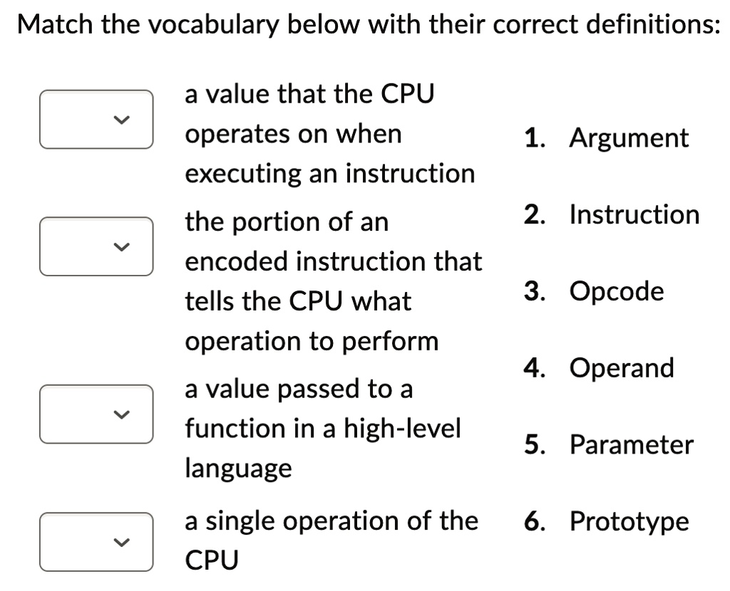 SOLVED: Match the vocabulary below with their correct definitions: a ...