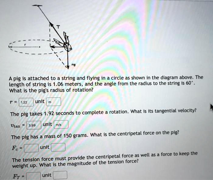 SOLVED: A pig is attached to a string and flying in a circle as shown ...