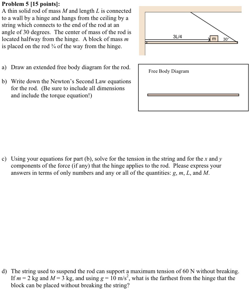 SOLVED: Problem 5 [15 points]: A thin solid rod of mass M and length L is connected to a wall by ...