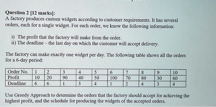 SOLVED: Question 2 [12 marks]: A factory produces custom widgets according to customer ...