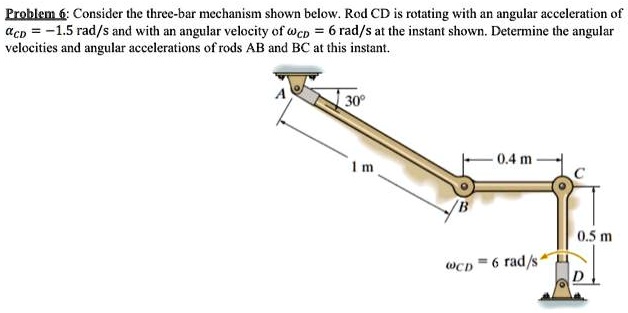 Problem 6: Consider the three-bar mechanism shown below. Rod CD is rotating with an angular ...