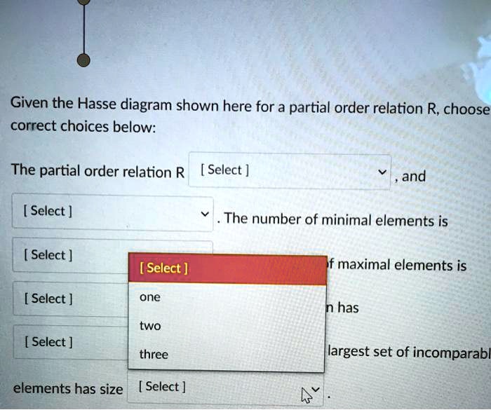 SOLVED: Given the Hasse diagram shown here for a partial order relation R, choose the correct ...