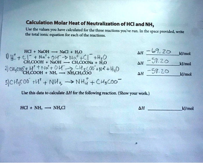 SOLVED: Text: Calculation Molar Heat of Neutralization of HCl and NH3. Use the values you have ...