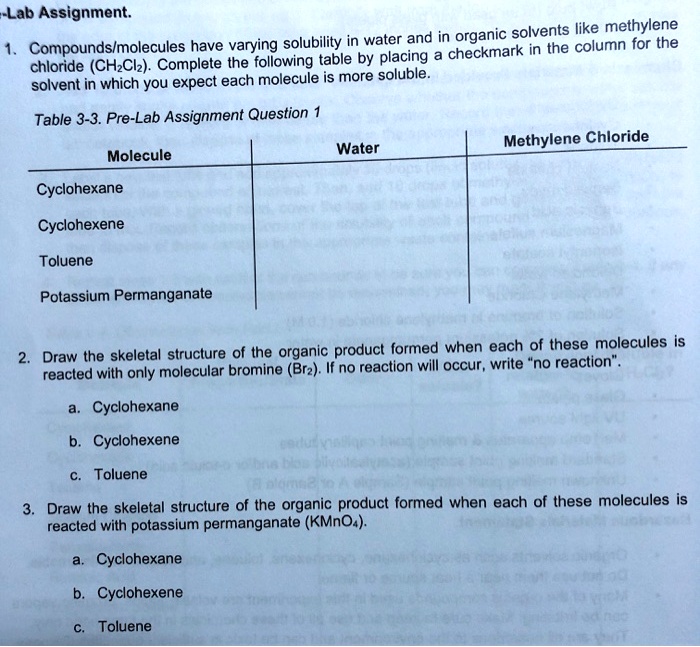 SOLVED: Lab Assignment: Organic Solvents and Solubility Compounds/molecules like methylene ...