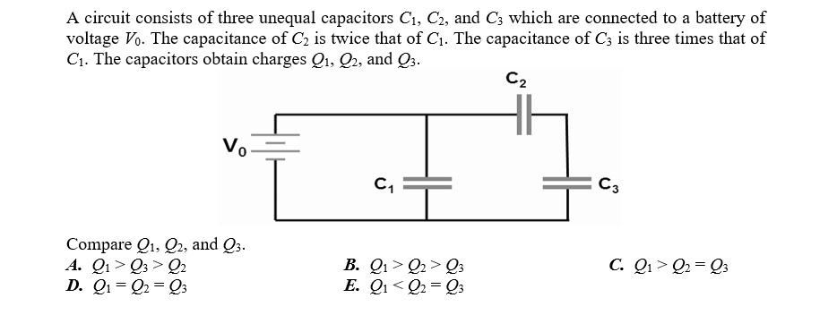 SOLVED: A circuit consists of three unequal capacitors C1, Cz, and Cz ...