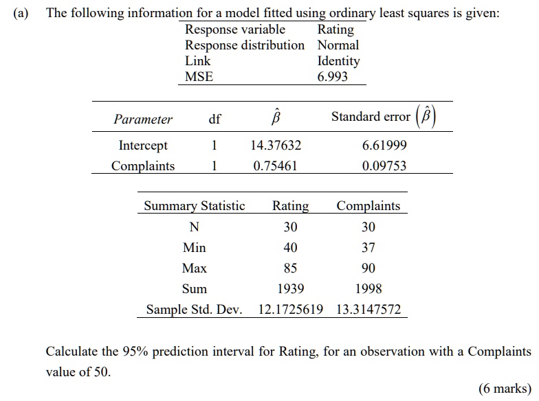 SOLVED: (a) The following information for a model fitted using ordinary ...