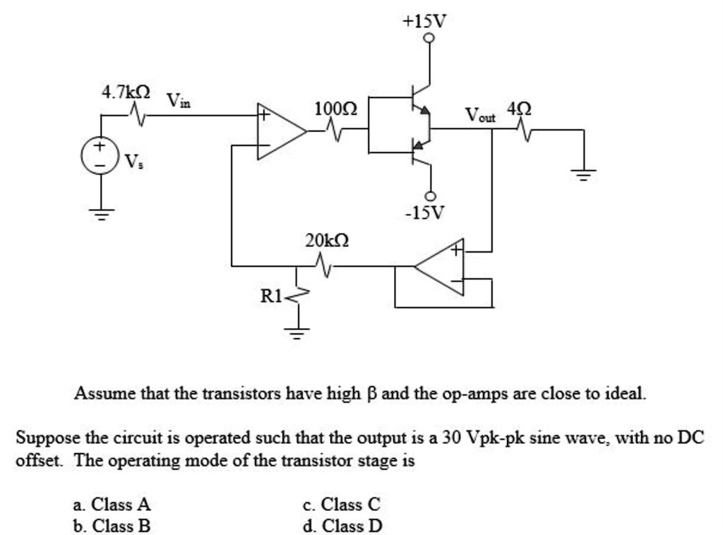 VIDEO solution: +15V 4.7kÎ© Vin 1000 40Vout -15V 20kÎ© Assume that the transistors have high Î² ...