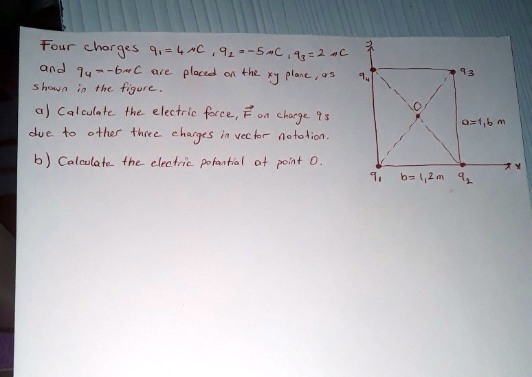 SOLVED: Four charges 9,= 4AC 92 =-5mC ,43-2 #C and J4 –bmâ‚¬ are placed in the figure shown. a ...