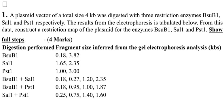 1. A plasmid vector of a total size 4 kb was digested with three ...