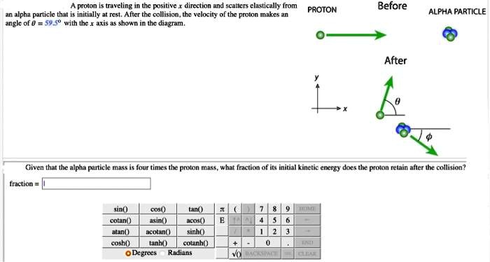 A proton is traveling in the positive x direction and scatters elastically from an alpha ...