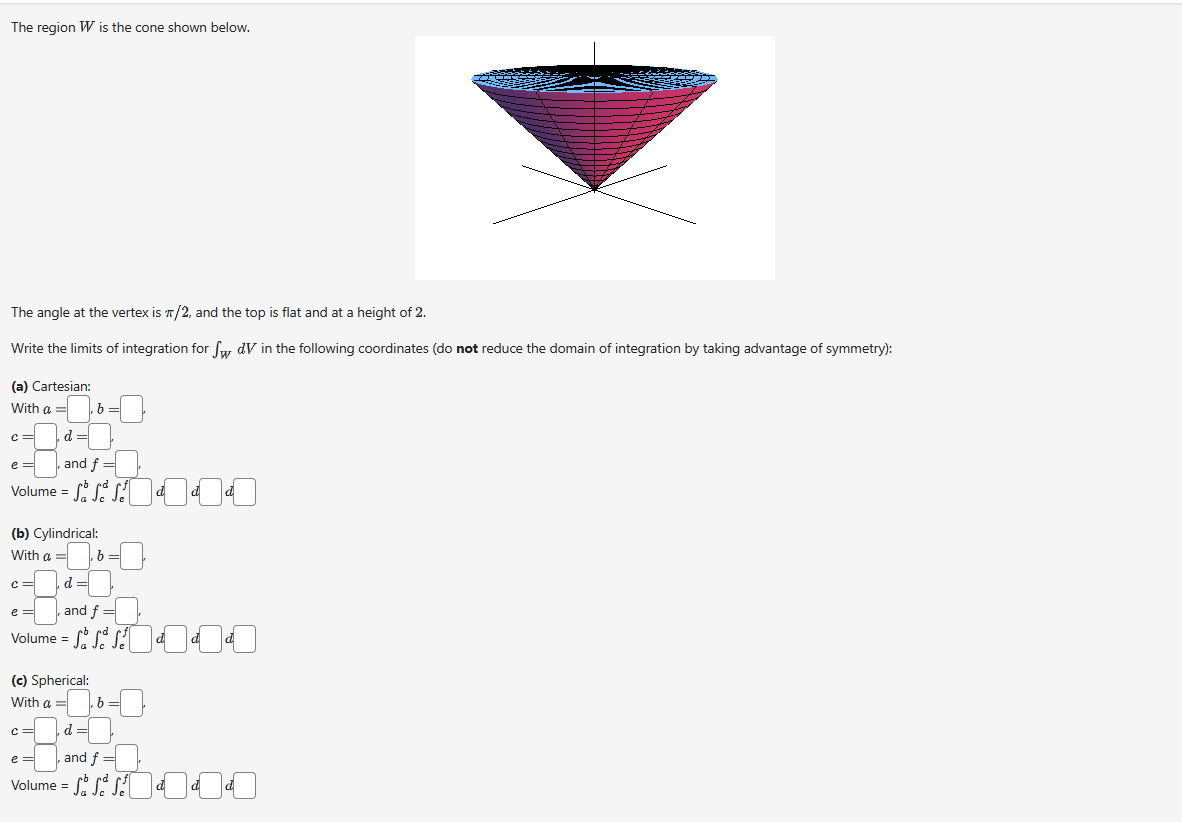 The region W is the cone shown below. The angle at the vertex is π / 2 ...