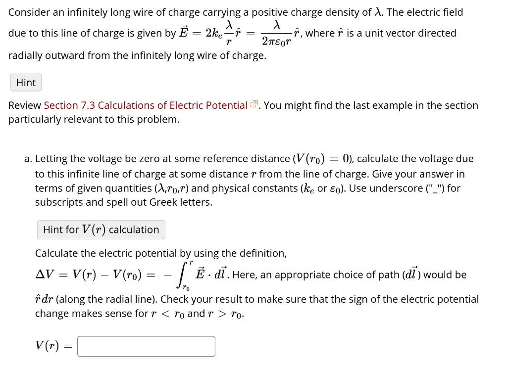 consider an infinitely long wire of charge carrying a positive charge ...