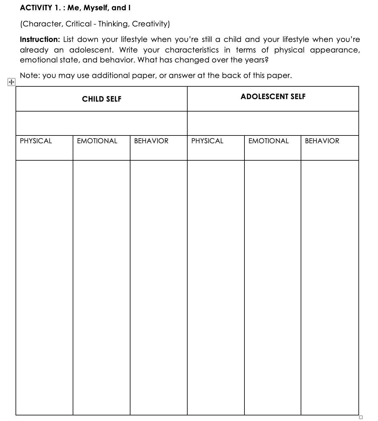 SOLVED: ACTIVITY 1.: Me, Myself, and I (Character, Critical - Thinking ... SOLVED: ACTIVITY 1.: Me, Myself, and I (Character, Critical - Thinking ...