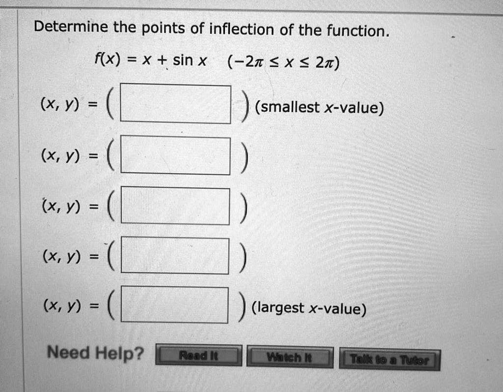 SOLVED: Determine the points of inflection of the function. f(x) = x + sin(x) (0