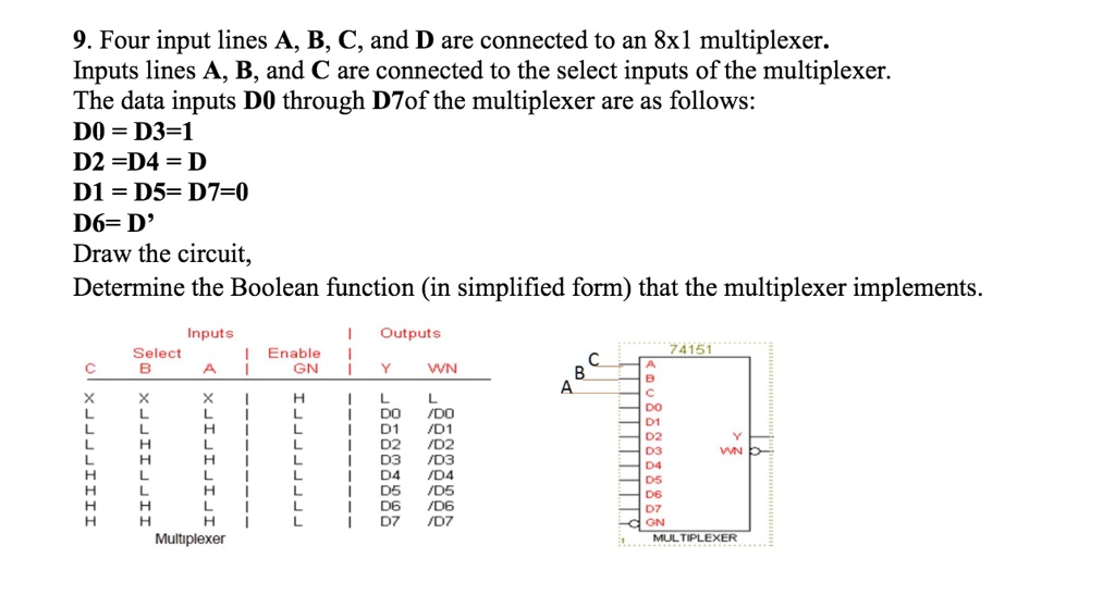 SOLVED: Four input lines A, B, C, and D are connected to an 8x1 multiplexer. Input lines A, B ...