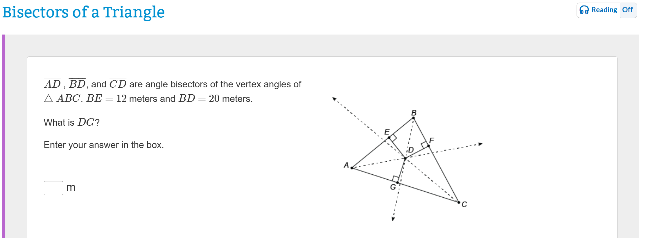 Bisectors of a Triangle Reading Off A D, B D, and C D are angle ...