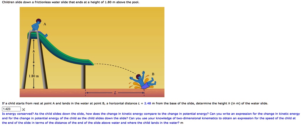 SOLVED:Children slide down briccioniess water slide that ends at height ...
