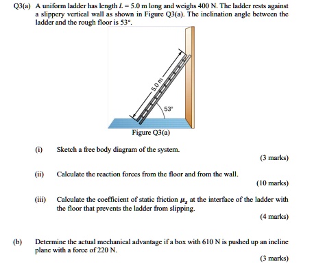SOLVED: Q3(a) A uniform ladder has a length L = 5.0 m long and weighs ...