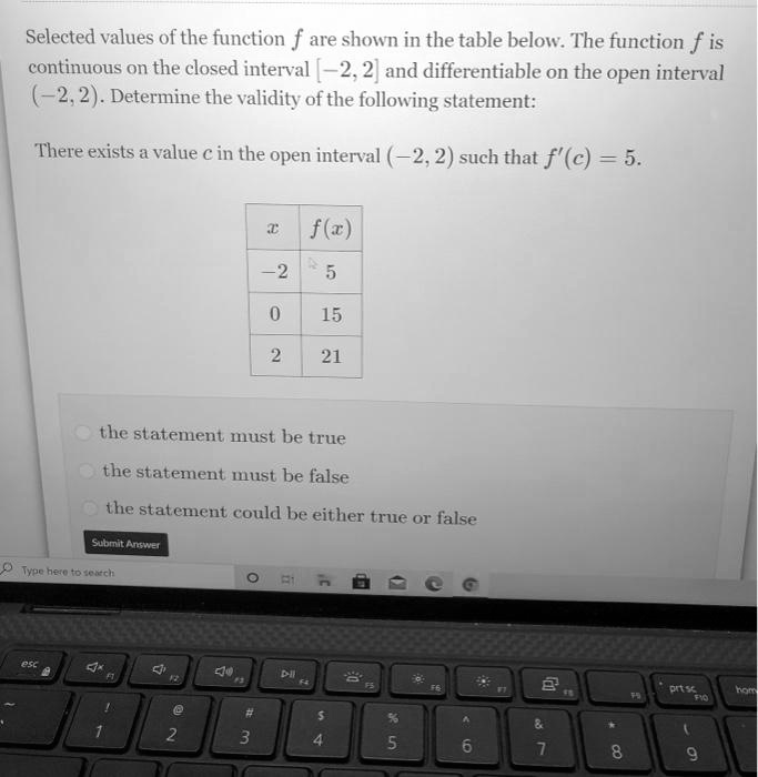 selected values of the function f are shown in the table below the function f is continuous on ...
