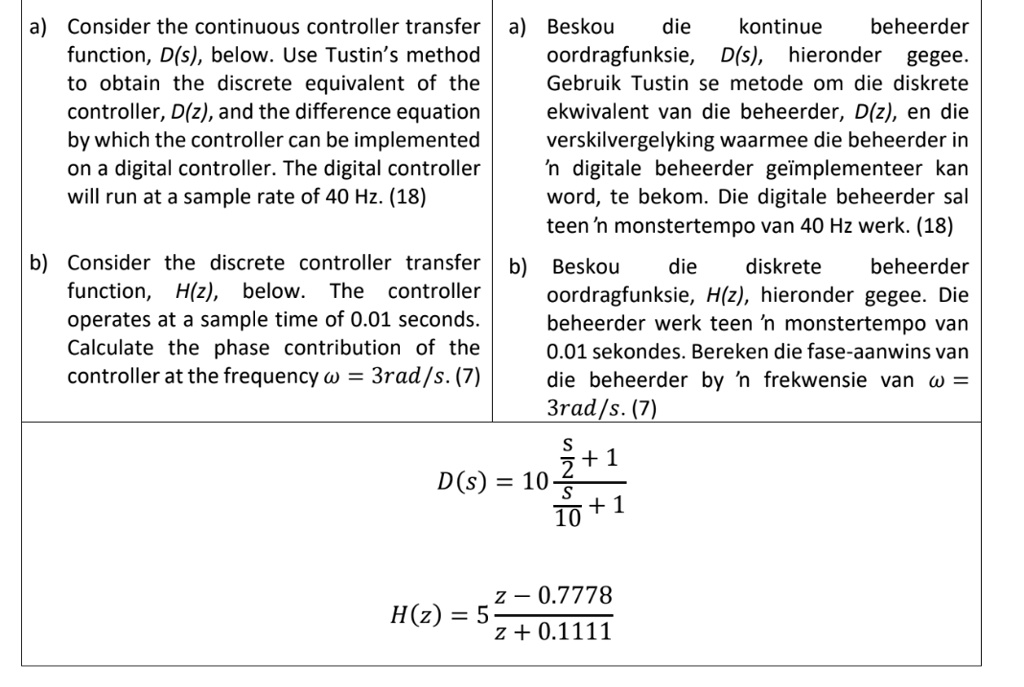 SOLVED: a) Consider the continuous controller transfer function, D(s ...