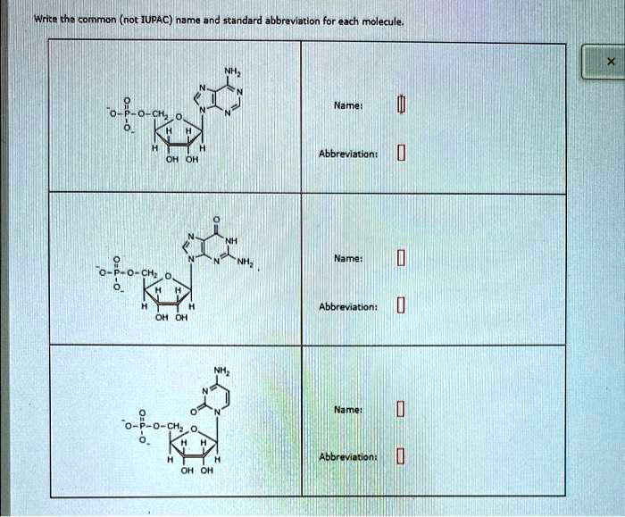 Write the common (not IUPAC) name and standard abbreviation for each ...