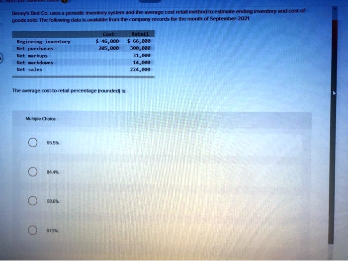 SOLVED: Benny's Bed Co. uses a periodic inventory average cost retail ...