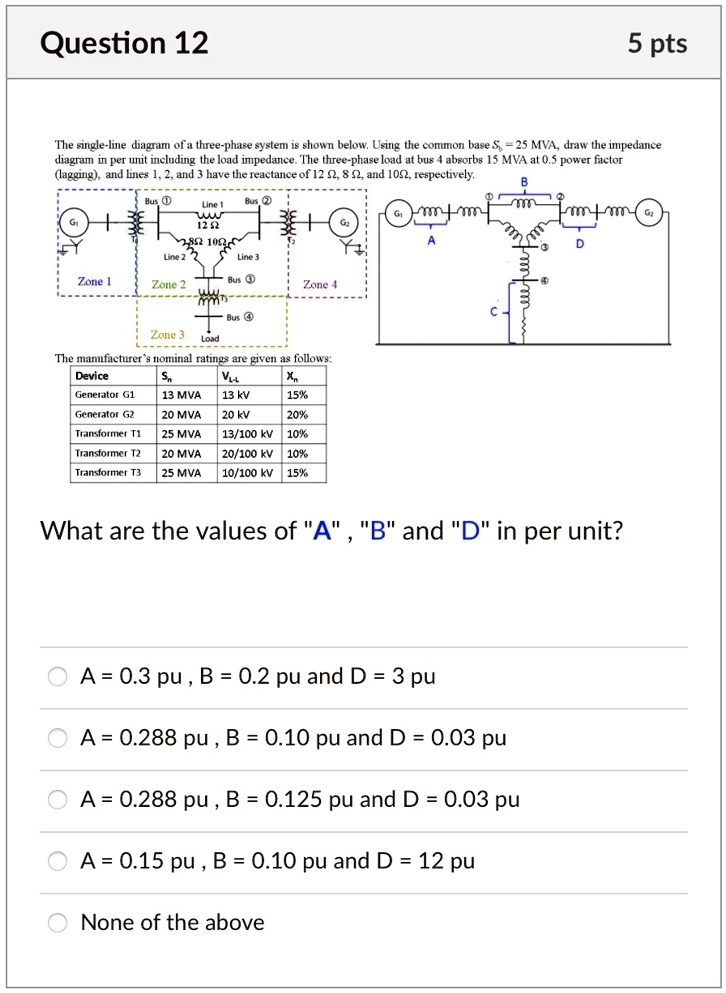 SOLVED: Texts: Question 12 5 pts The single-line diagram of a three-phase system is shown below ...